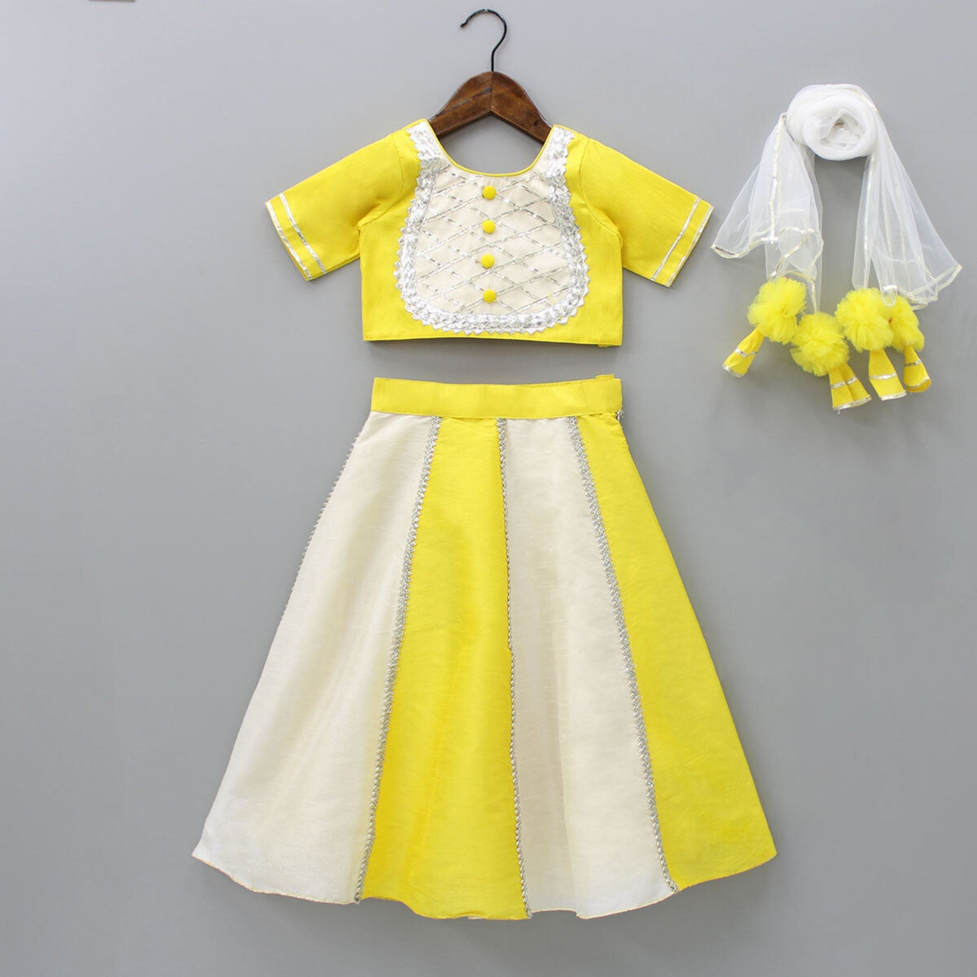 Pre Order: Yellow Gota Lace Work Top And Colour Block Lehenga With Net ...